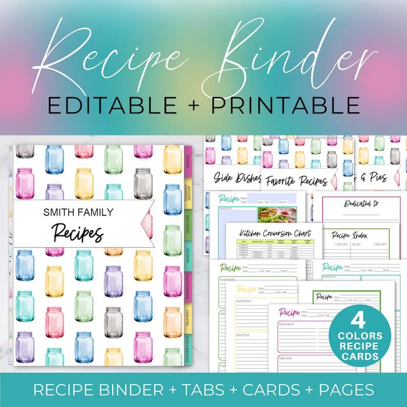 Editable Recipe Binder: Fun Colorful Design + Printable Recipe Cards ...