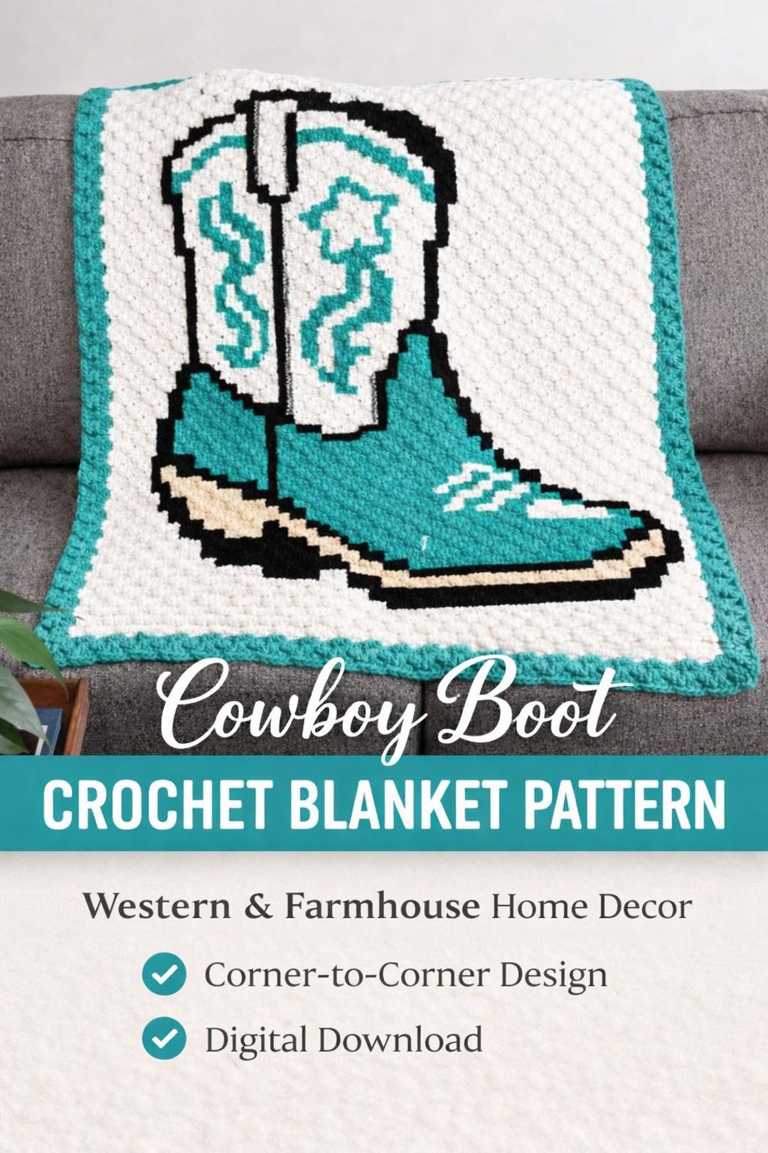 Cowboy Boot C2C Crochet Pattern, Western Blanket Graph, Corner to ...