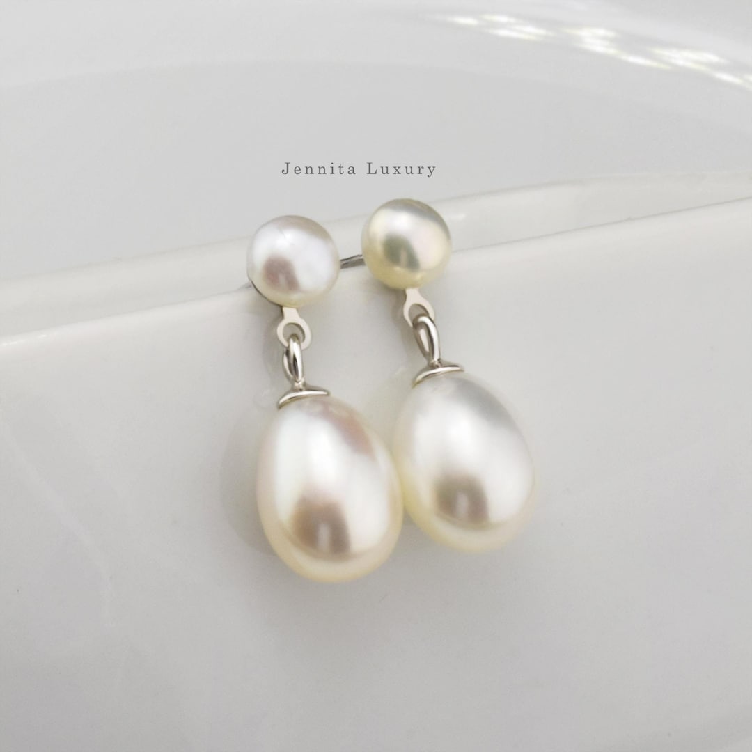 Doppelte Süßwasser Perlen Ohrringe Silber 925,hängende weiße Tropfen Perlen Ohrringe mit Stecker ...