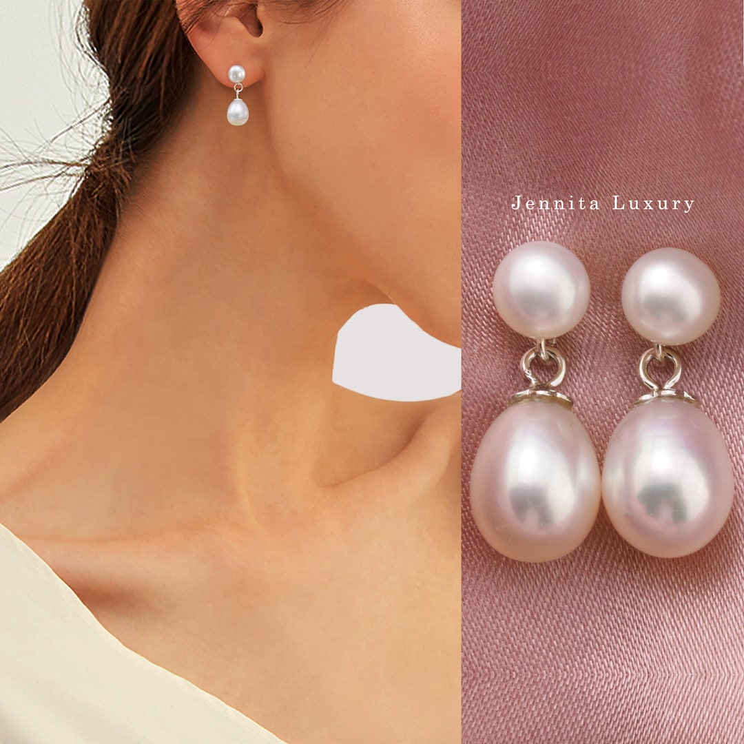 Pendientes de perlas dobles colgantes de plata, pendientes de perlas de ...