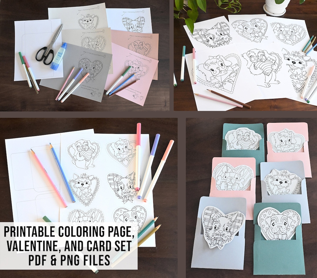 Printable Puppy Coloring Valentine's Full Set: Valentines, Cards ...