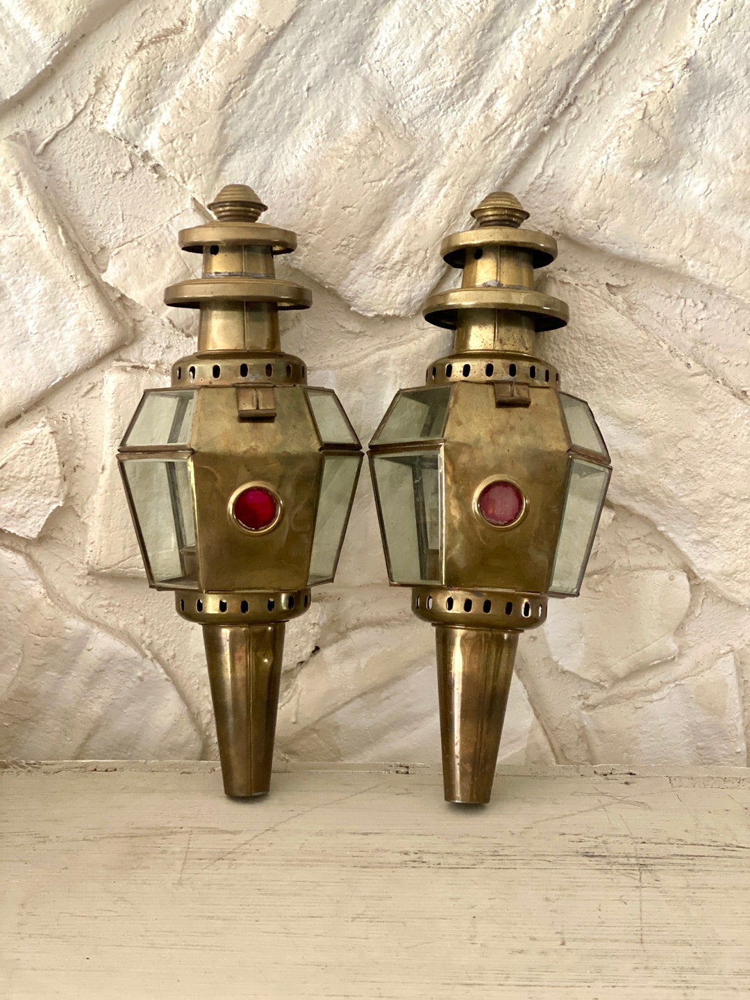 Colonial American Brass Carriage Lamps / Red-eye Coach Lantern Pair ...