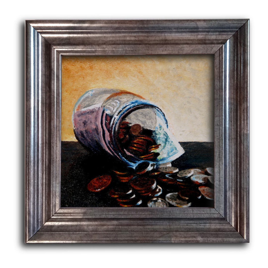 Cash - Oil Painting of a Jar of Money With Notes and Coins Spilling Out ...