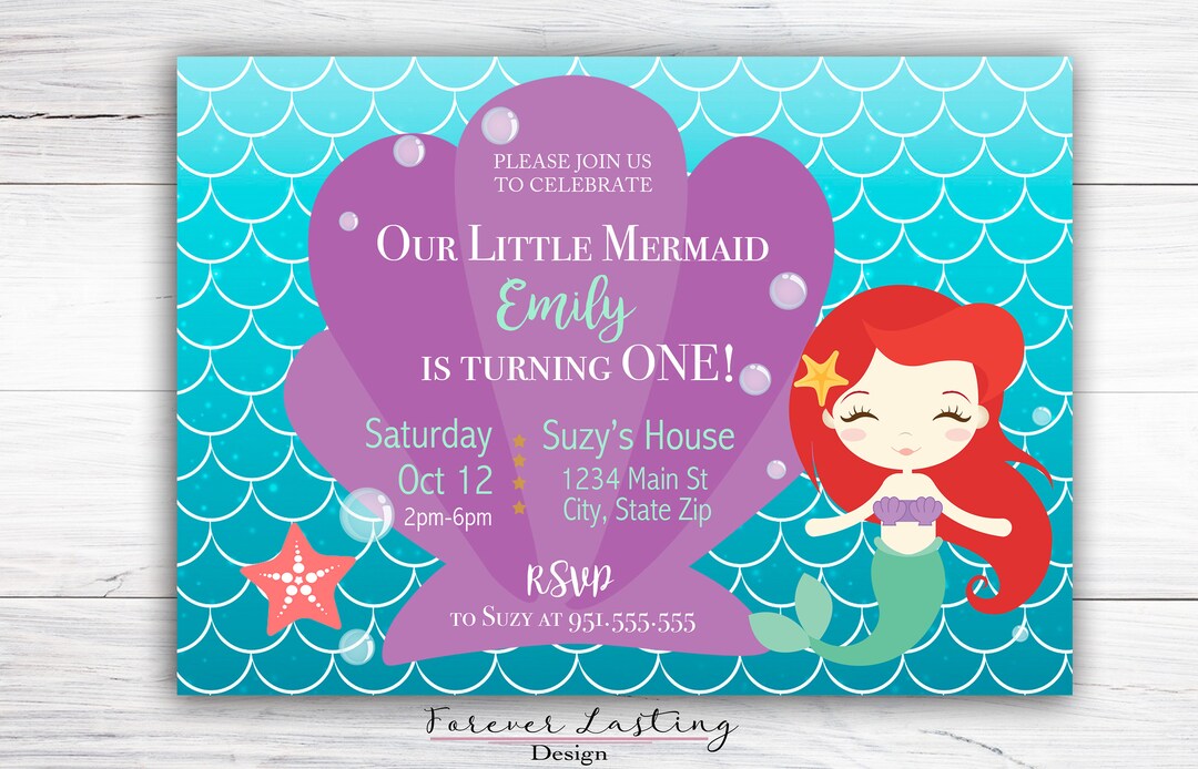 Little Mermaid Invitation Printable Blue and Purple - Etsy