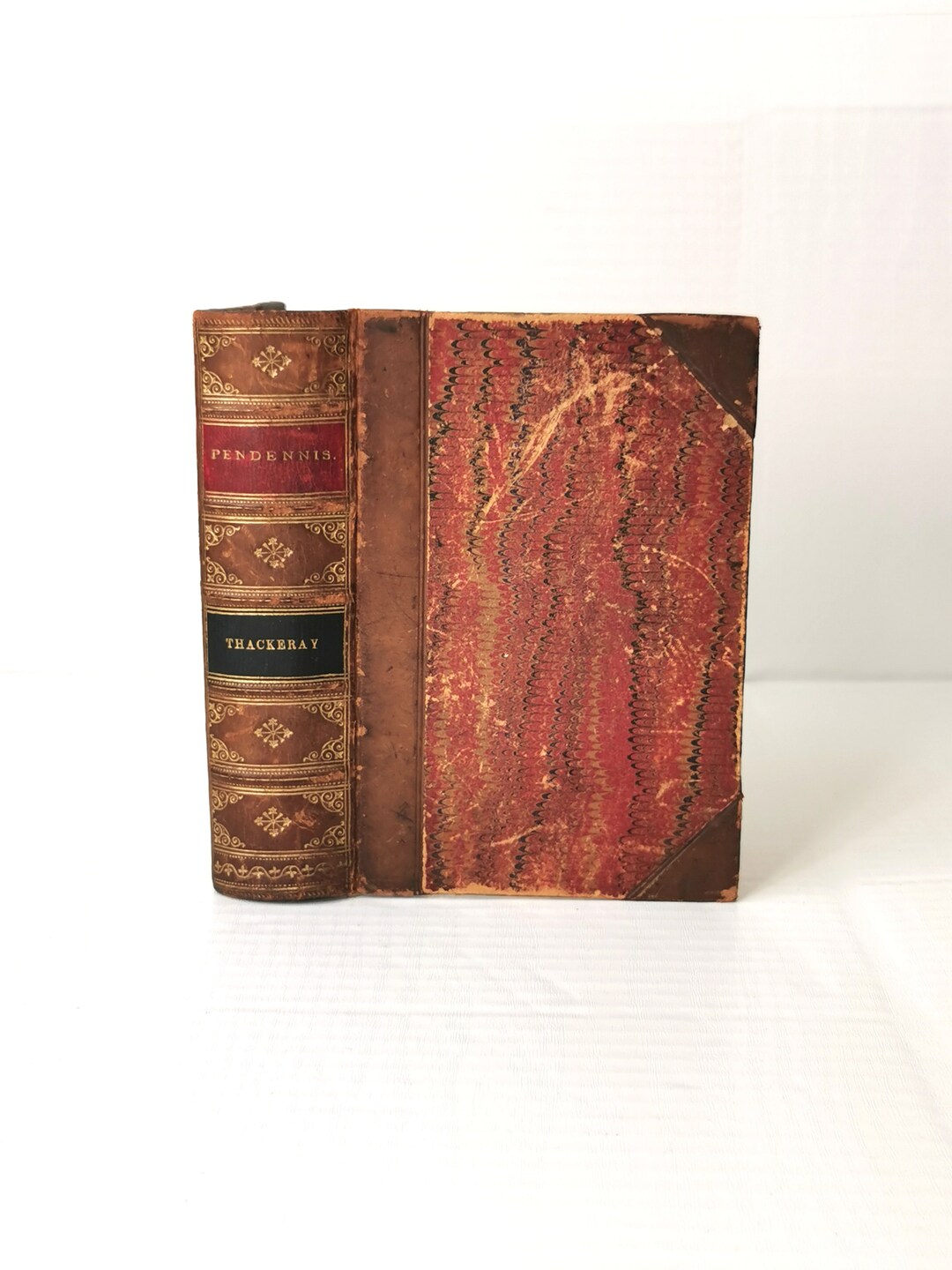 Pendennis (1888) Thackeray, Decorative Marbled Leather Antique Book Two ...