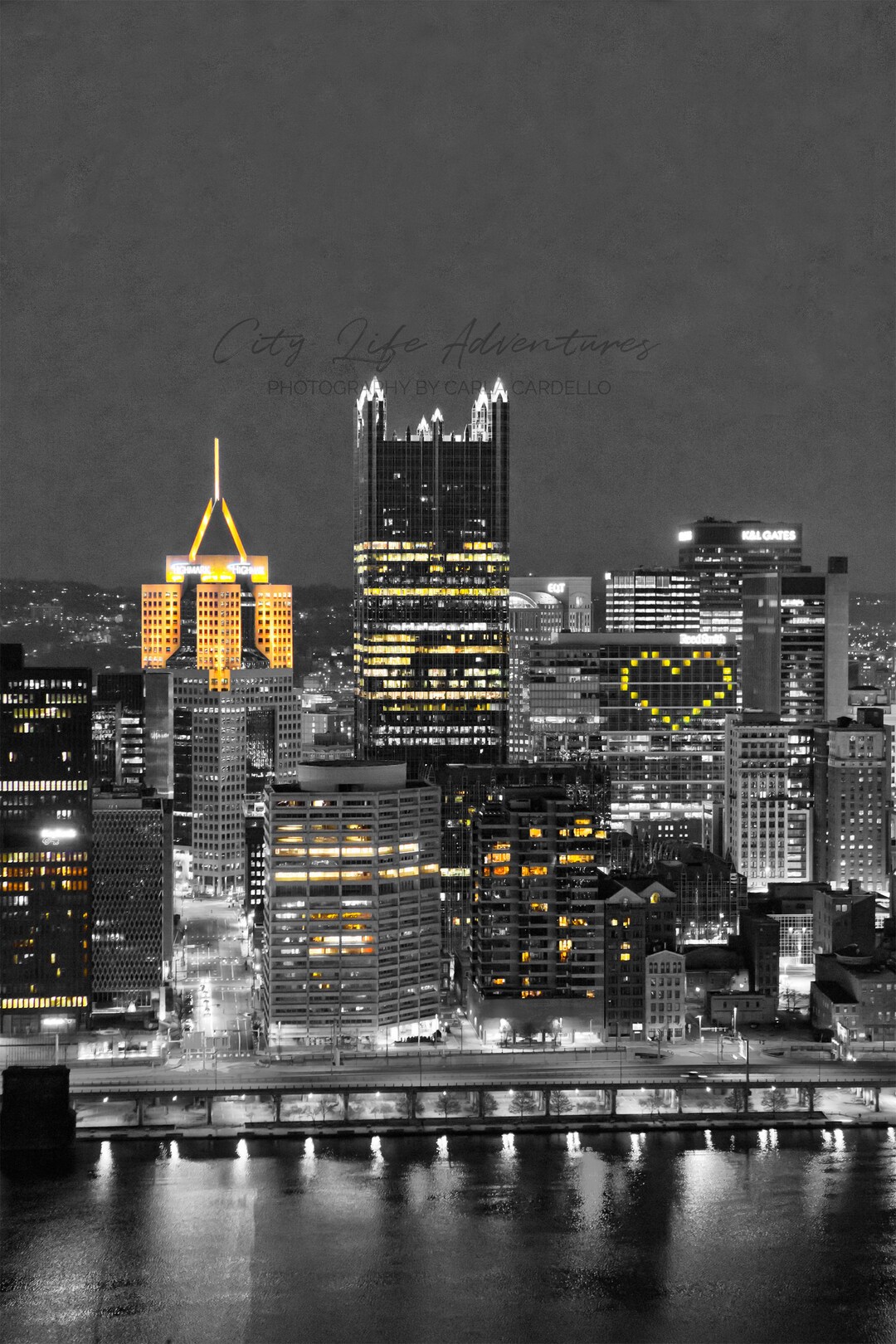 Black and Gold Pittsburgh Skyline With Heart Print | Pittsburgh ...