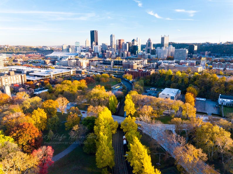 Fall at Allegheny Commons With Pittsburgh Skyline Aerial Drone Shot ...