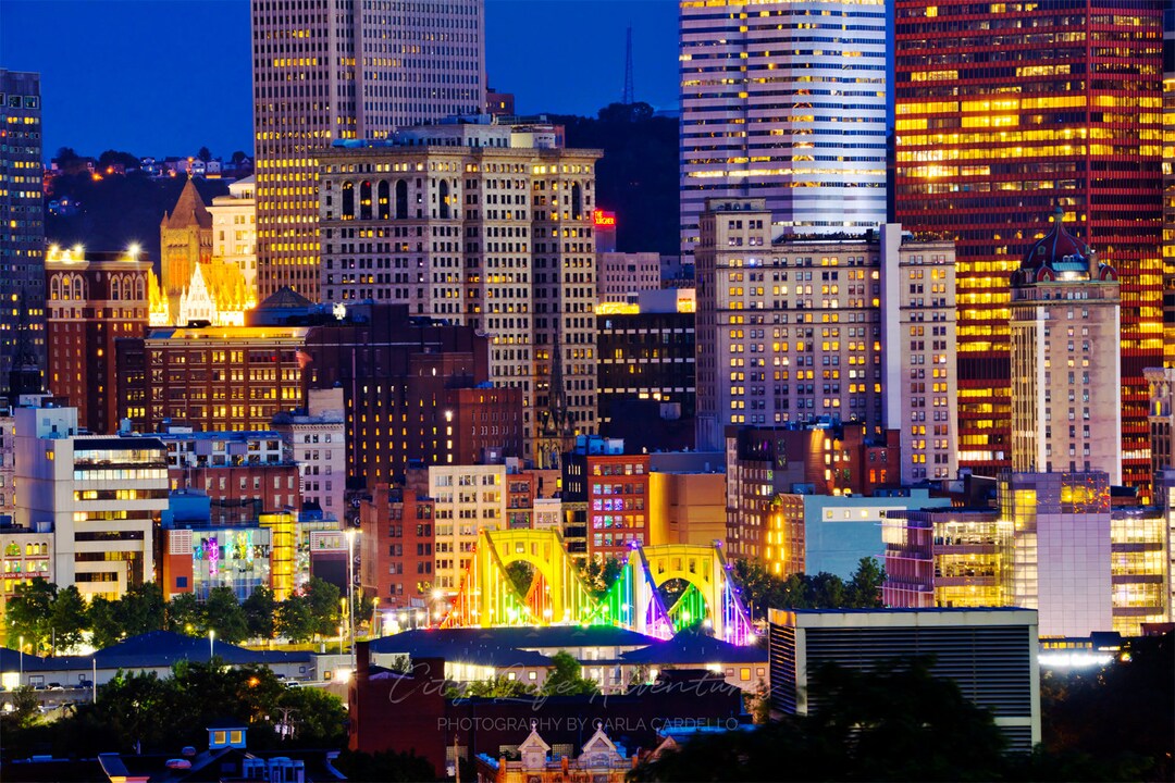 Rainbow Bridge Lights With Pittsburgh Skyline From Fineview Photo ...