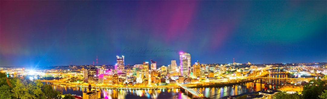 Panorama Northern Lights / Aurora Borealis Over Pittsburgh Skyline ...