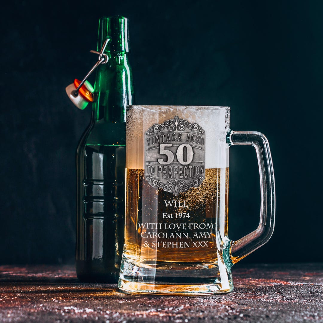 Men's 50th Birthday Beer Mug Glass Tankard With Handmade Pewter Metal ...