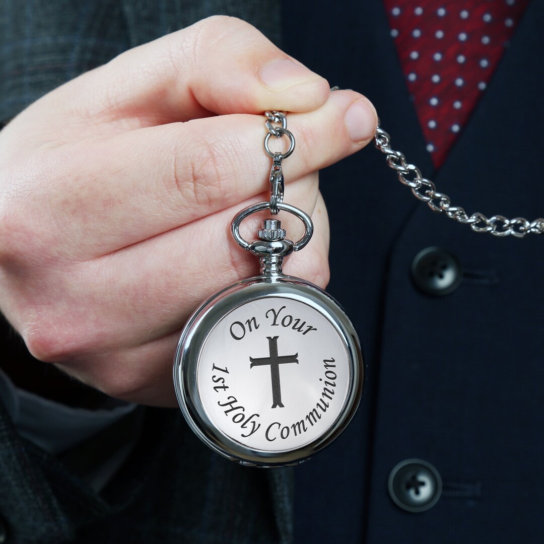 Boys First Holy Communion Engraved Pocket Watch Cross Feature Case ...
