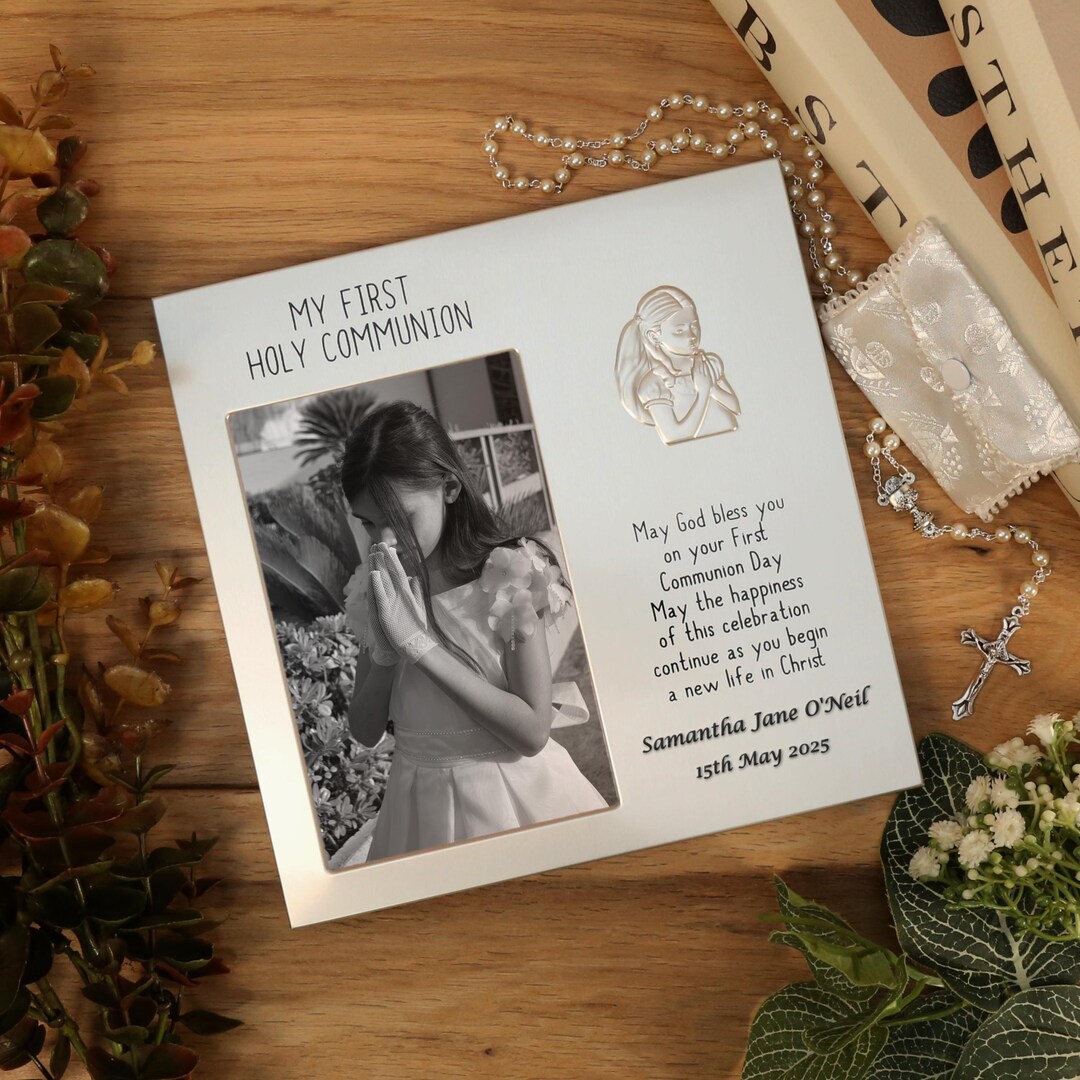 Girl's First Holy Communion Photo Picture Frame and Rosary Beads Gift ...