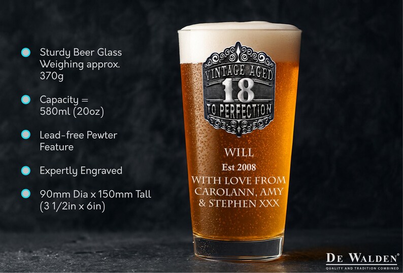 18th Birthday Gift for Men Beer Mug Pint Glass With Handmade Pewter ...