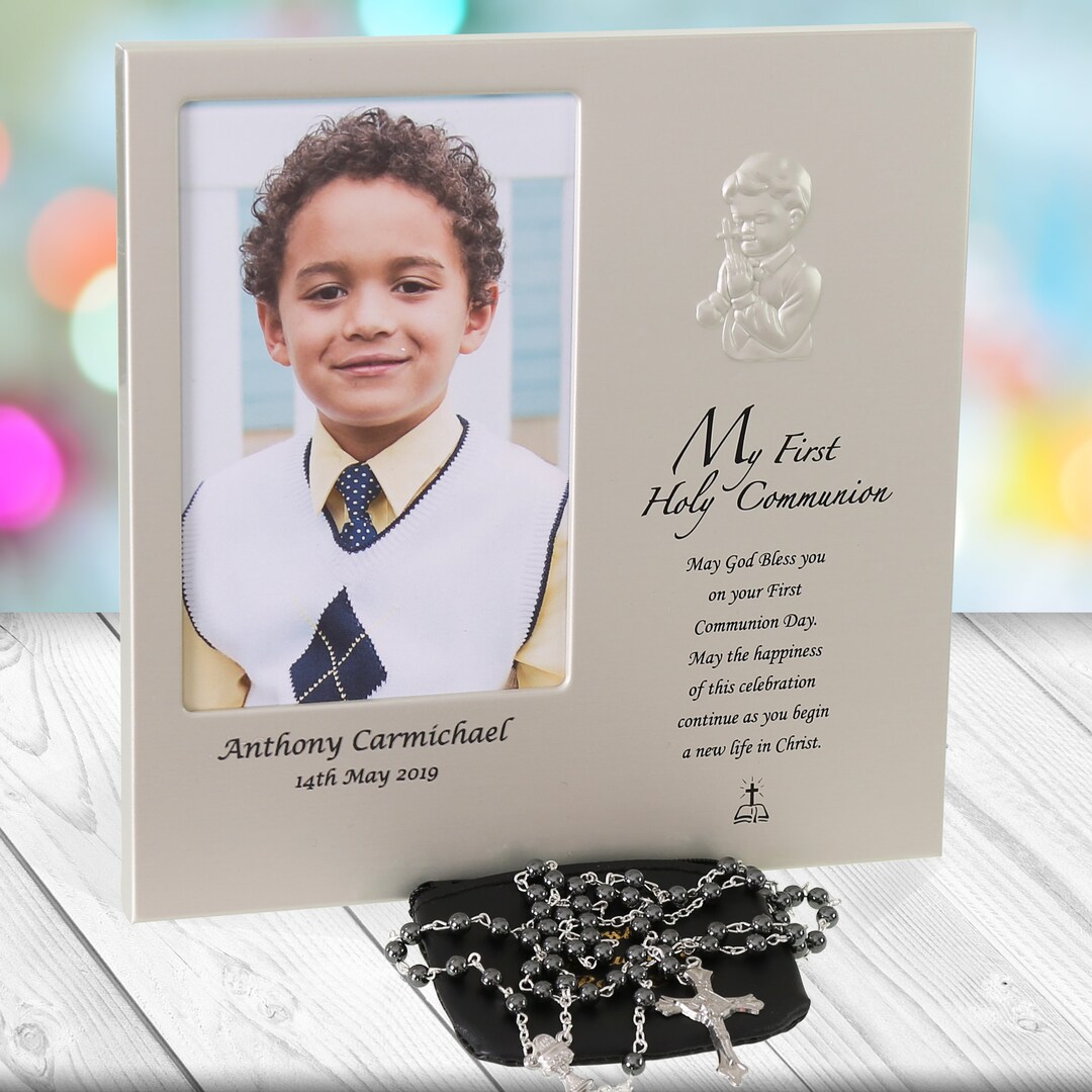Engraved Boy's First Holy Communion Photo Frame and Rosary Beads Gift ...