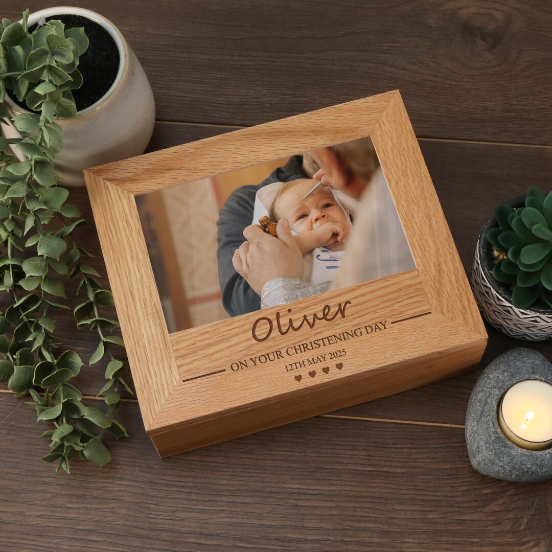 Personalised Boy's Christening Gift Custom Solid Oak Wooden Christening Photo Keepsake Memories ...