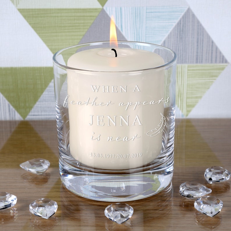 Engraved Sympathy Feather Memorial Gift Candle Holder Personalised ...