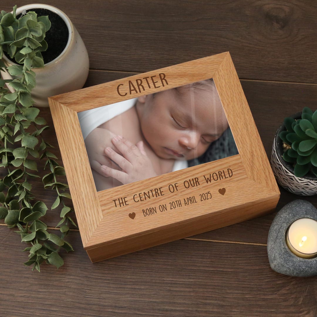 Personalised New Baby Gift, Wooden Oak Photo Keepsake Memories Box ...