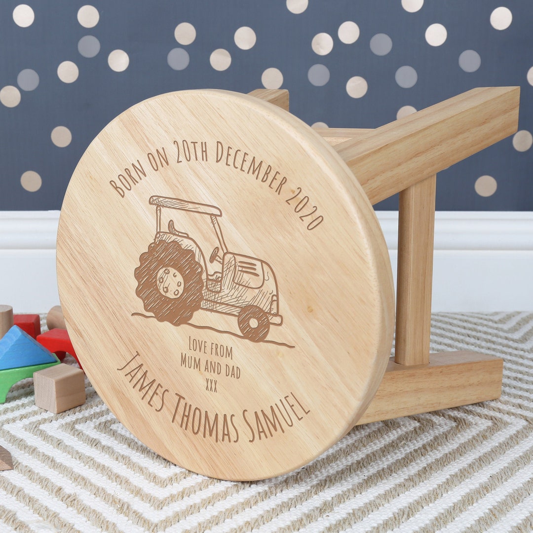 Boys or Girls Personalised Tractor Design Wooden Kids Stool Toddler ...