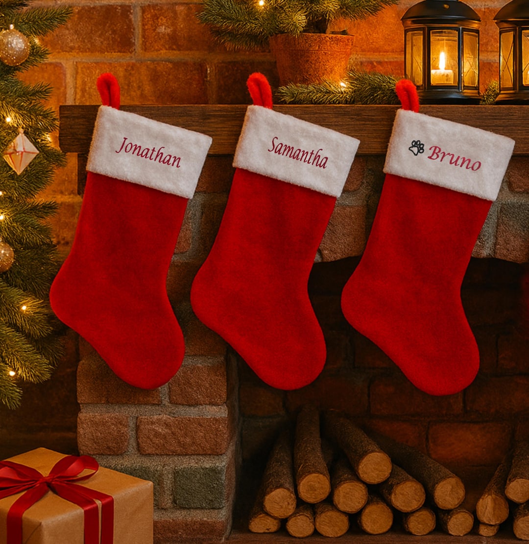 Personalised Christmas Stocking With Name, Embroidered Red Plush ...