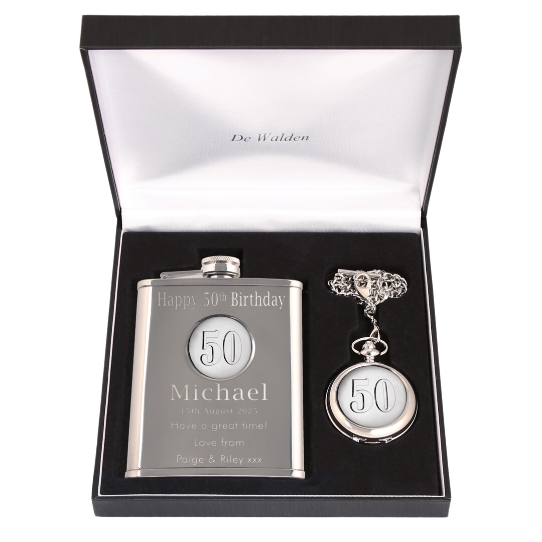 Engraved 50th Birthday Feature Men's Pocket Watch and Hip Flask Gift ...