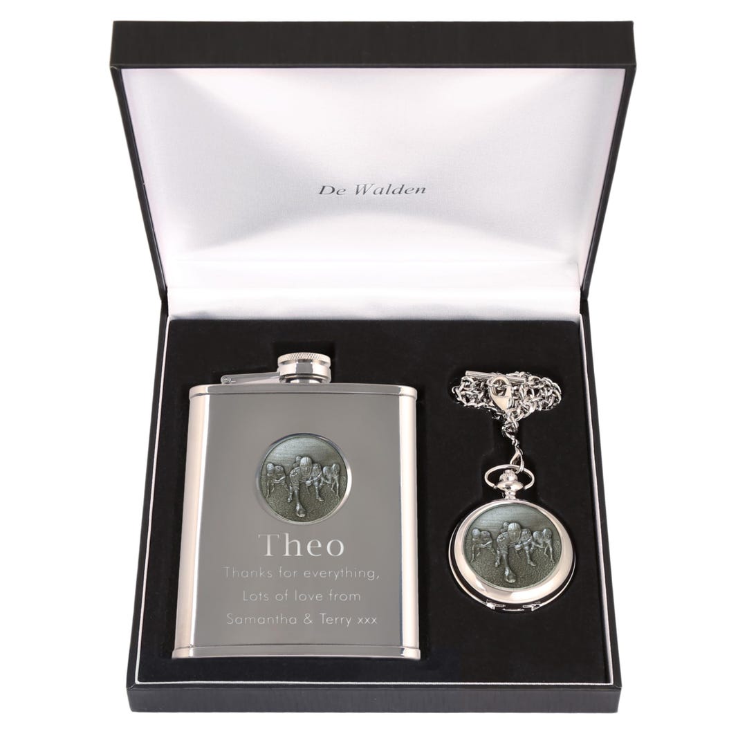 Engraved American Football Feature Men's Pocket Watch and Hip Flask ...