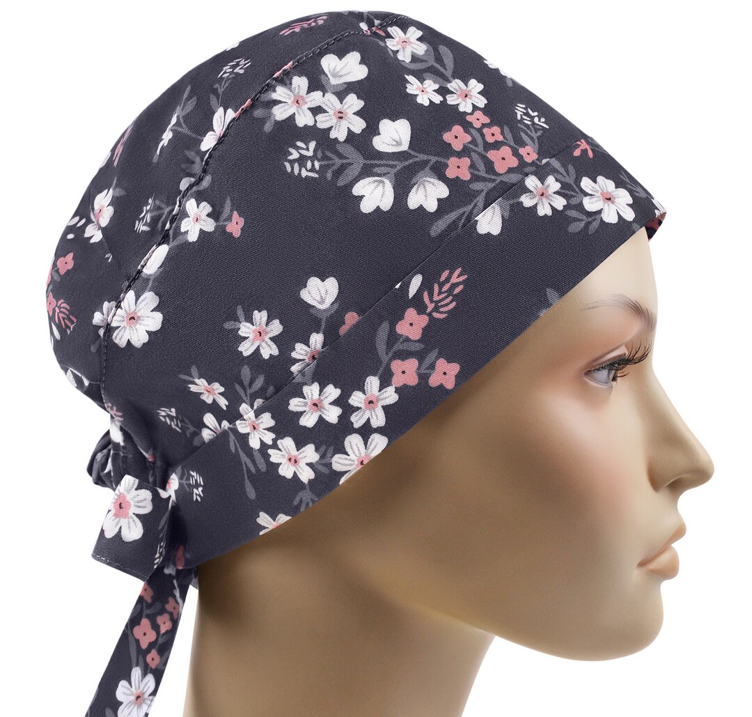 Scrub Cap Pixie, Surgical Hat, Nurse Cap, Scrub Hats, Gray Floral - Etsy