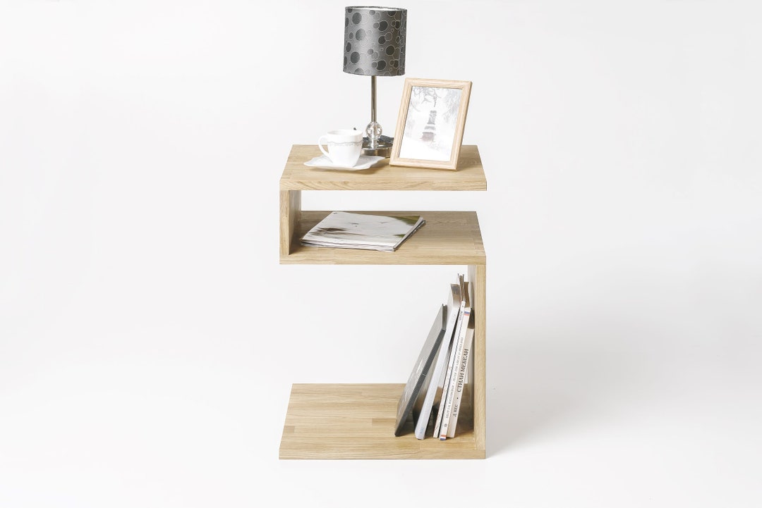 Solid Wood Oak Bedside End Table S-shape, Nordic Nightstand Cabinet ...