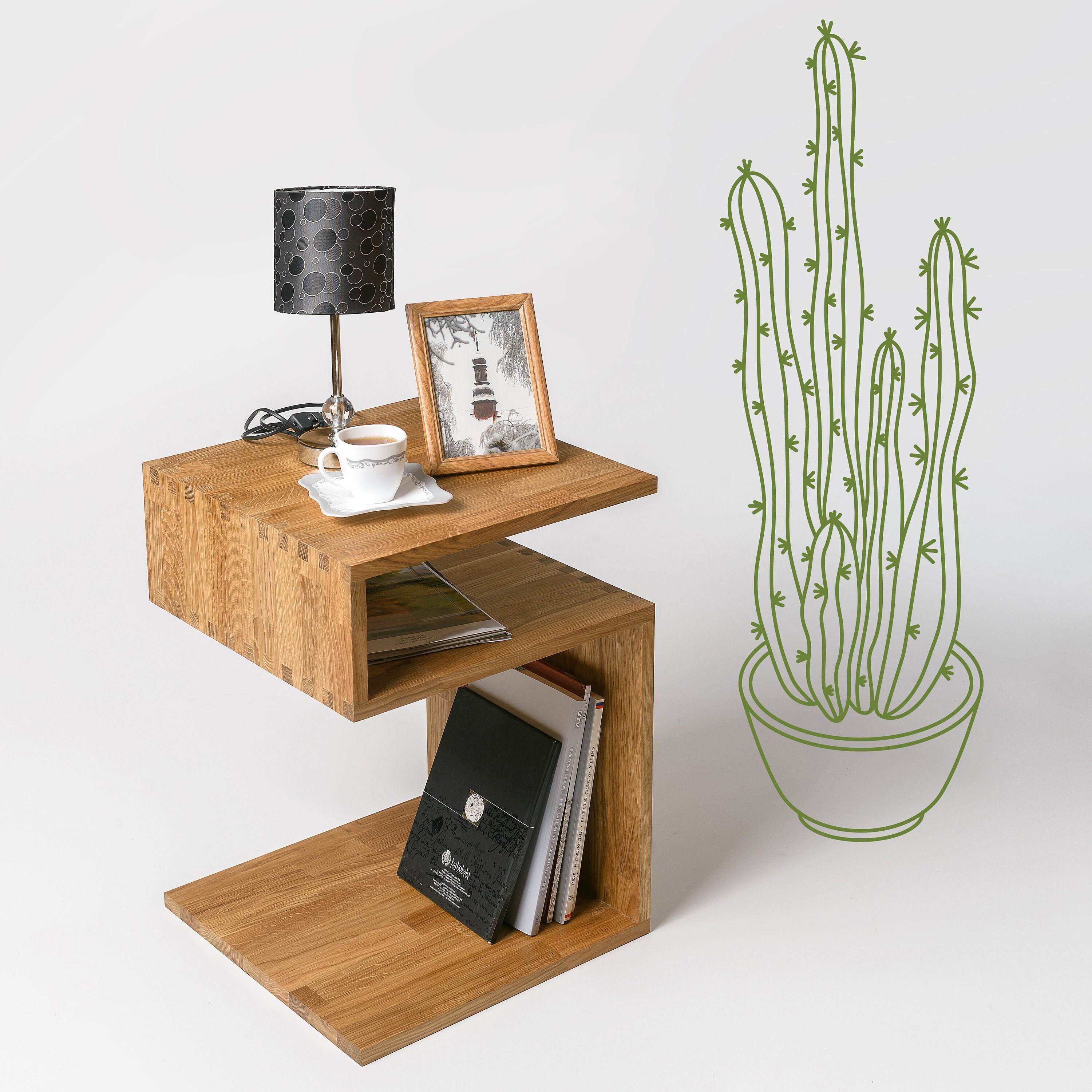 Solid Wood Oak Bedside End Table S-shape Nordic Nightstand - Etsy