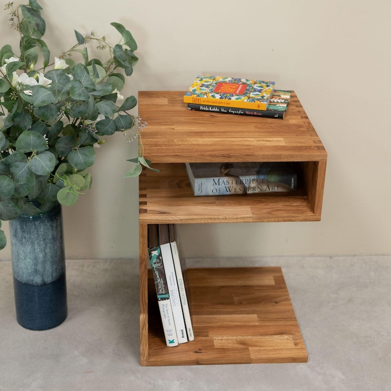 Solid Wood Oak Bedside End Table S-shape, Nordic Nightstand Cabinet ...