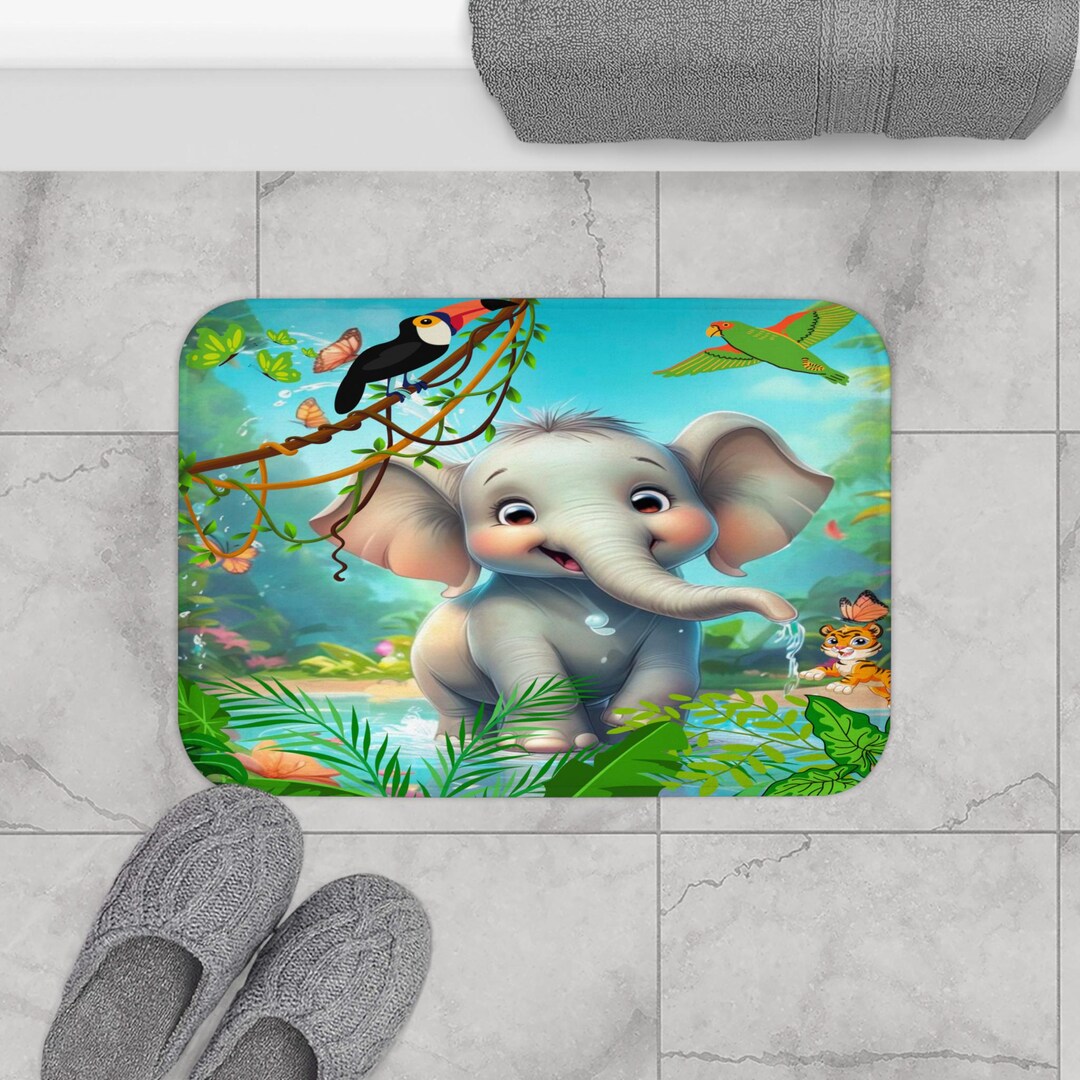 Elephant and Tiger Jungle Safari Bath Mat Baby Animal Themed Bathroom ...