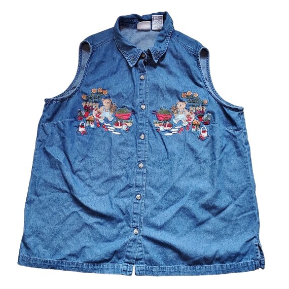 Vintage Cute Cottagecore Teddy Bear Embroidered Denim… - Gem