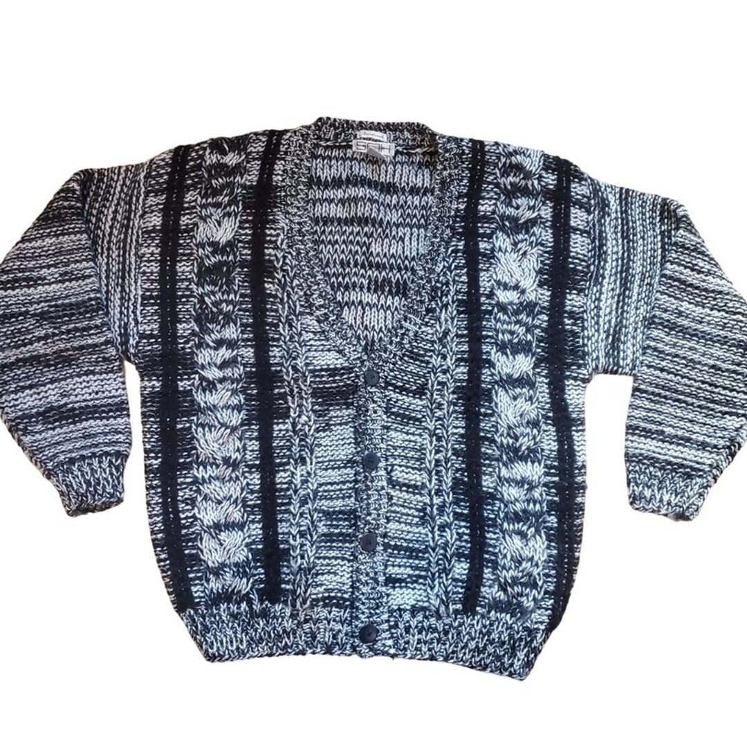 Vintage 80s 90s Black White Chunky Knit Cardigan Sweater Grandpacore ...
