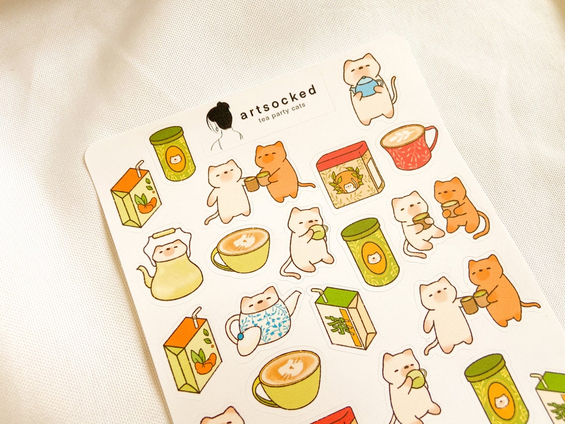 Tea Party Cat Sticker Sheet Cute Kawaii Aesthetic Stickers - Etsy