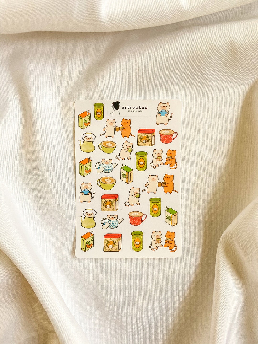 Tea Party Cat Sticker Sheet, Cute Kawaii Aesthetic Stickers, Planner ...