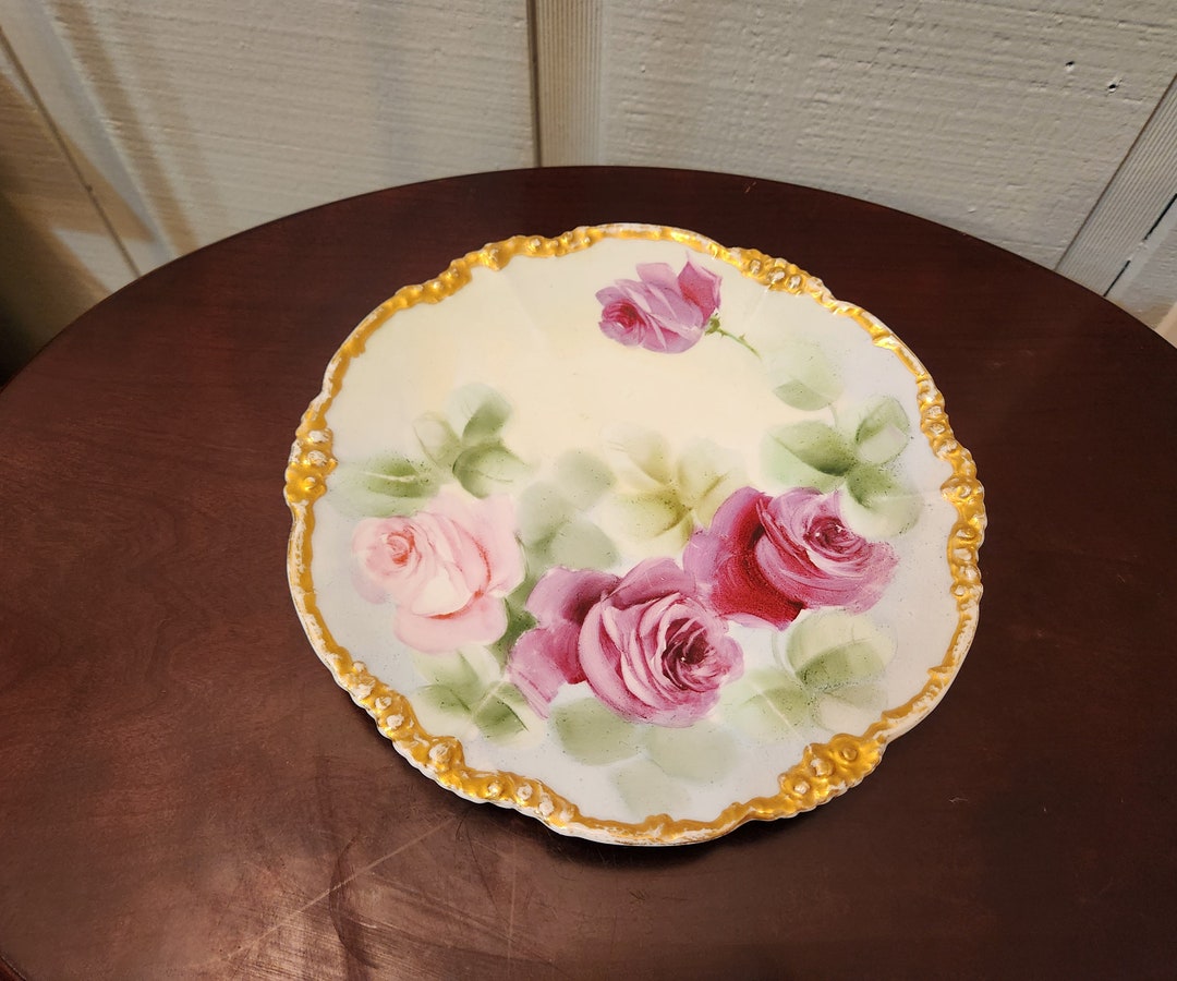 JPL France Plate With Purple and Pink Roses, Green Leaves, Gold Trim ...