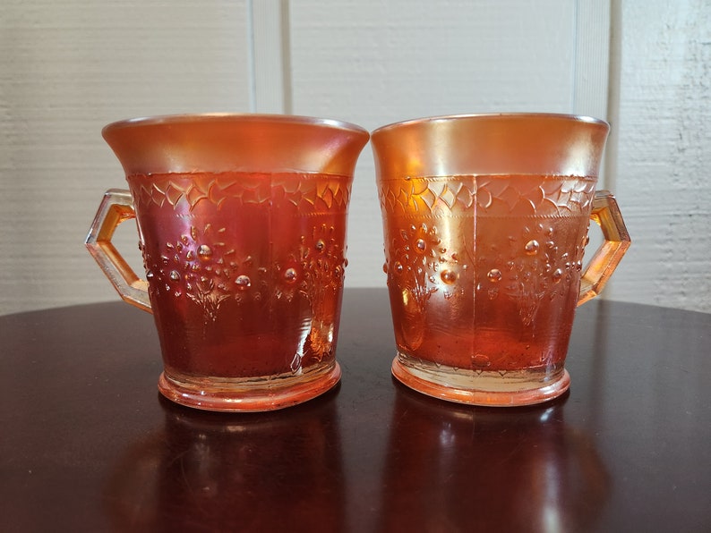 Antique Fenton Carnival Glass Tree of Life Marigold Orange Peach Cups ...