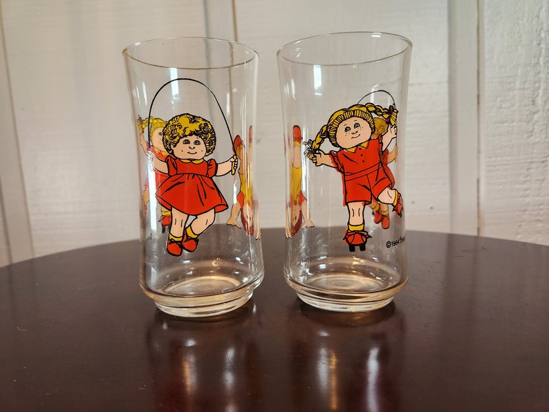 Cabbage Patch Kids Drinking Glasses, Set of 2, Vintage 1983, Juice Cups, 12 OZ, Clear With 3 ...