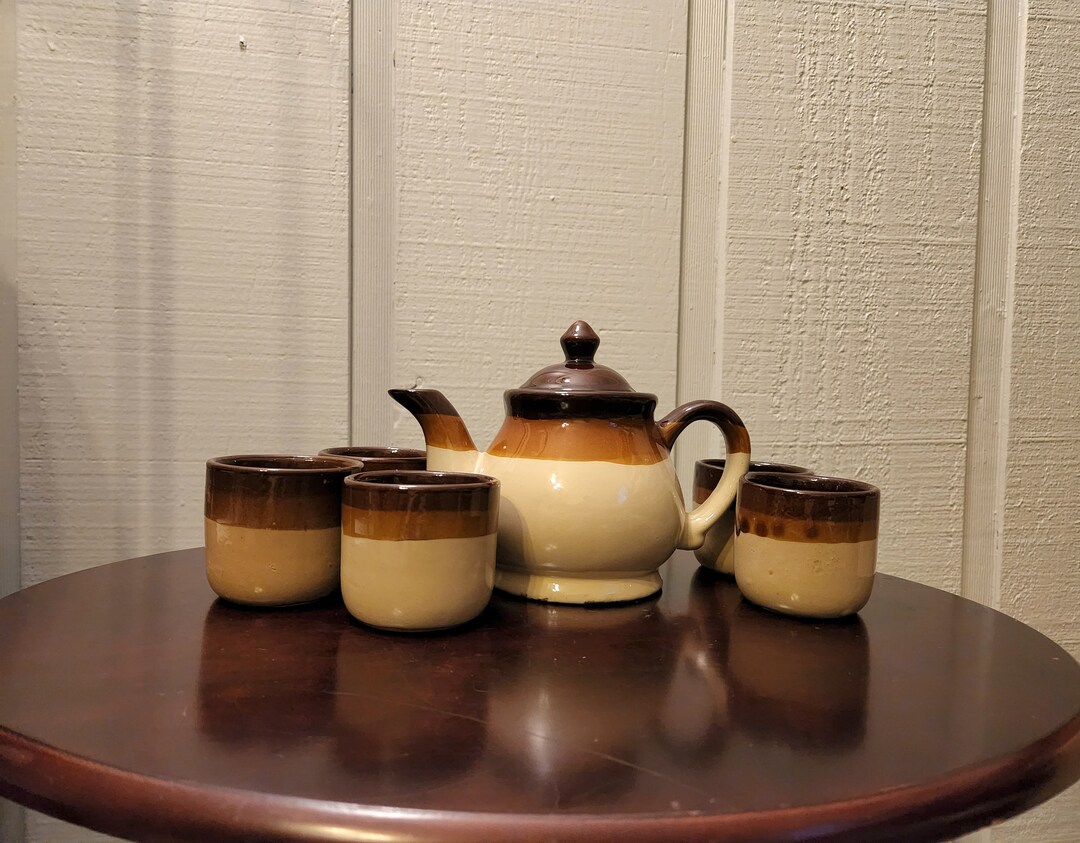 Vintage Brown & Beige Ceramic Tea Set With a Teapot and 5 Small Cups ...