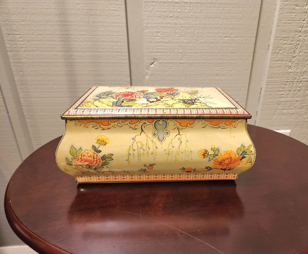 Vintage Tin Storage Box With Green, Orange, and Red Asian Inspired ...