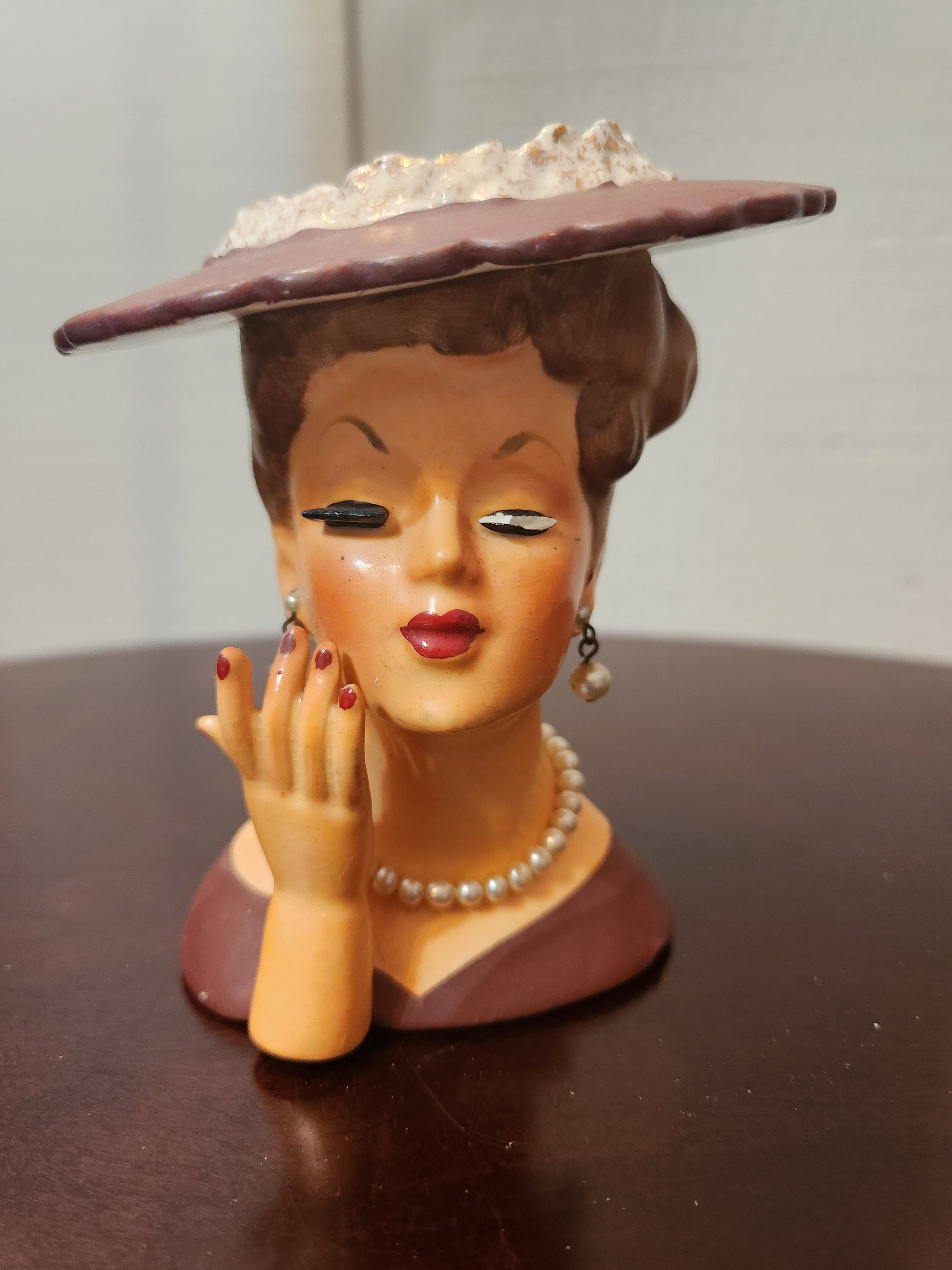 NAPCO Vintage Lady Head Vase, 1958, Dark Burgundy, Brown Hair, Faux ...