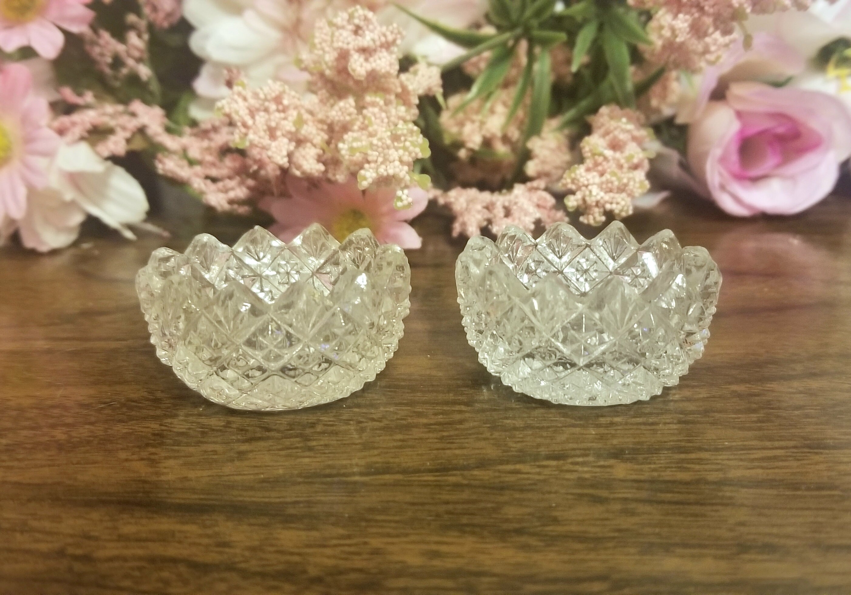 Set of 2 Antique Crystal Salt Cellars With Diamond Shaped Like Pattern ...