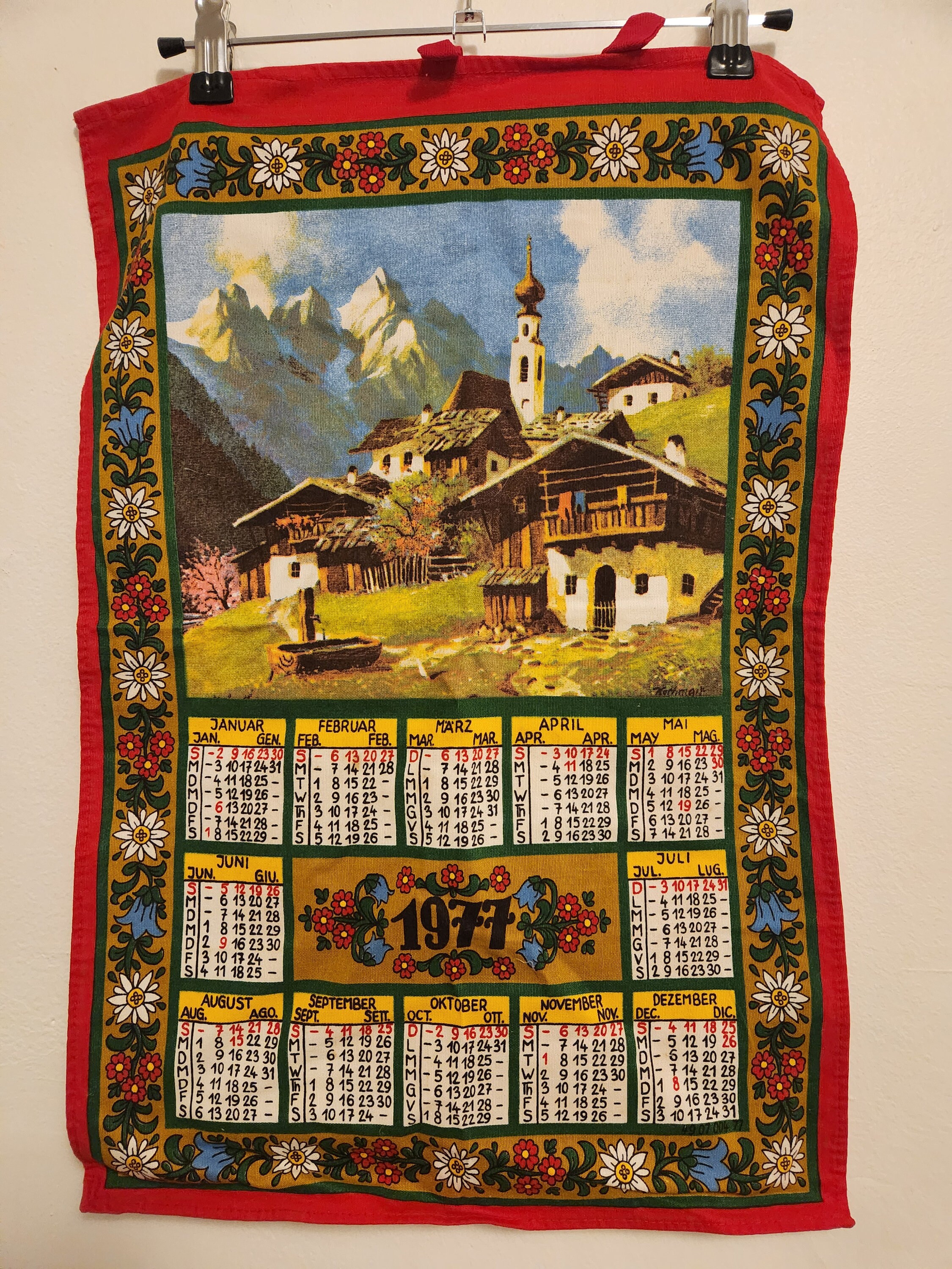 German Kolf 1977 Calendar Cotton Wall Hang, House and Mountains, Red ...