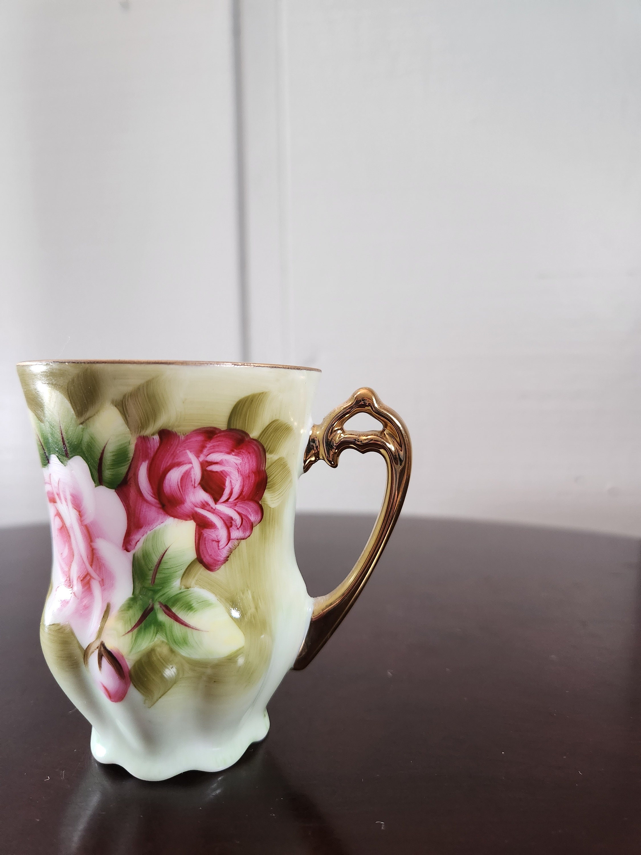 Antique Nippon Tea Cup, Green With Hand Painted Light and Dark Pink ...
