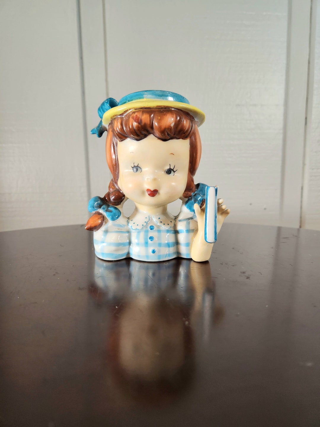 Napco Blue Umbrella Girl Head Vase, Dark and Light Brown Hair in ...