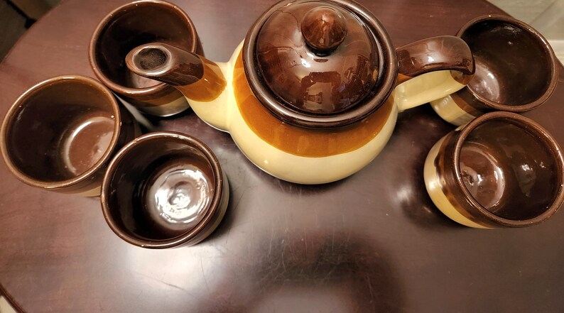 Vintage Brown & Beige Ceramic Tea Set With a Teapot and 5 - Etsy