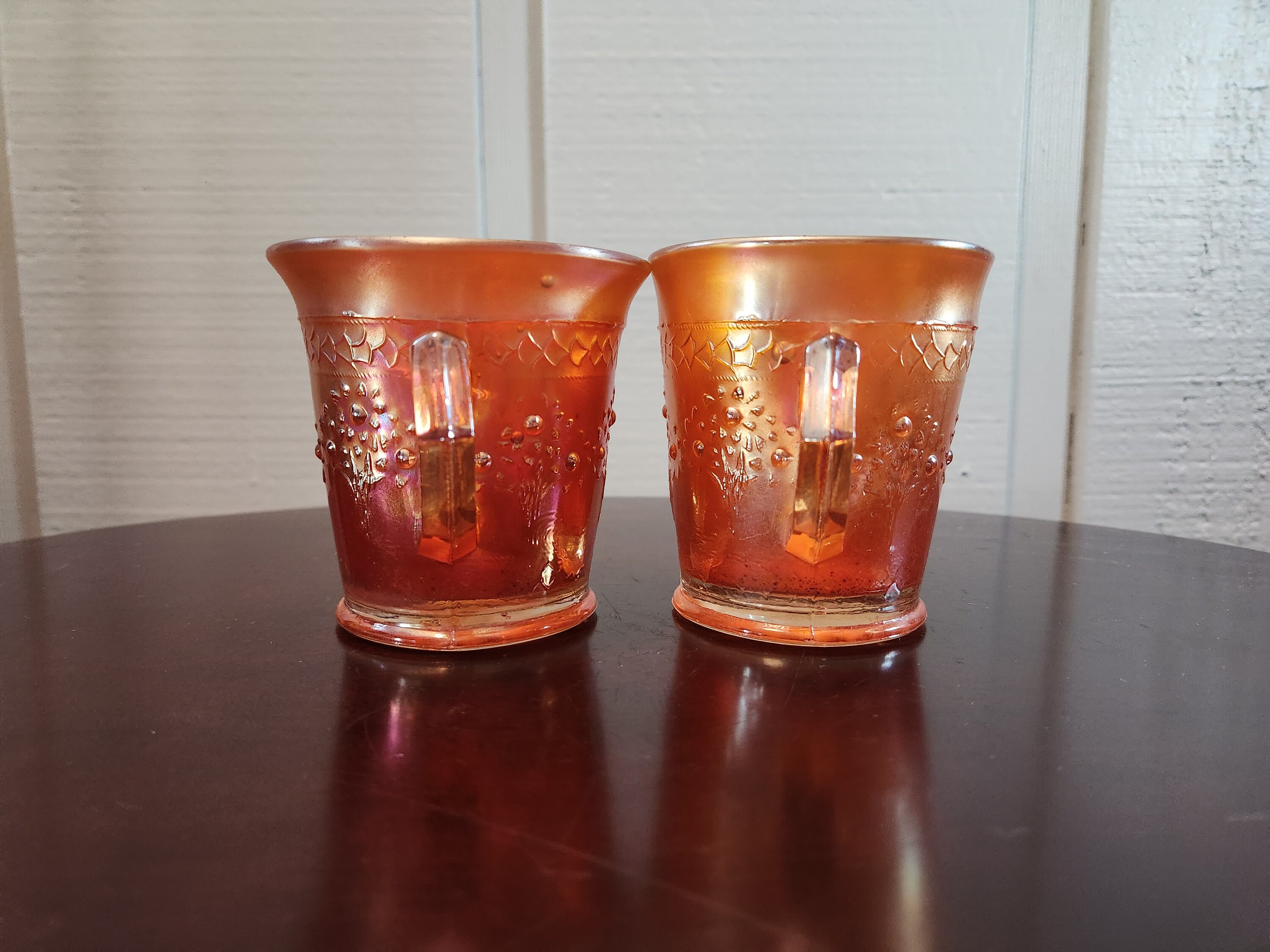 Antique Fenton Carnival Glass Tree of Life Marigold Orange Peach Cups ...