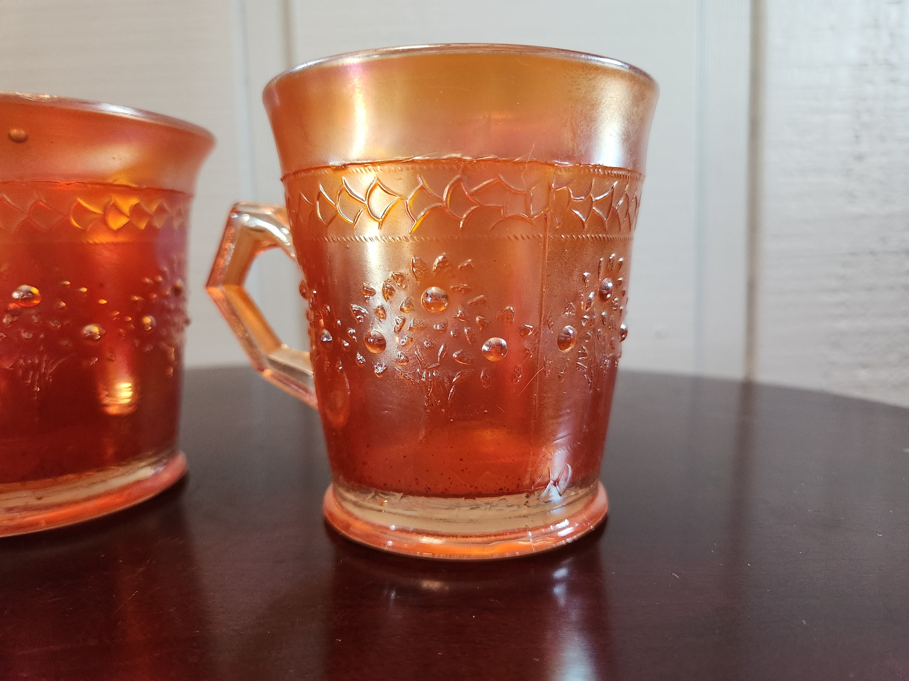 Antique Fenton Carnival Glass Tree of Life Marigold Orange Peach Cups ...
