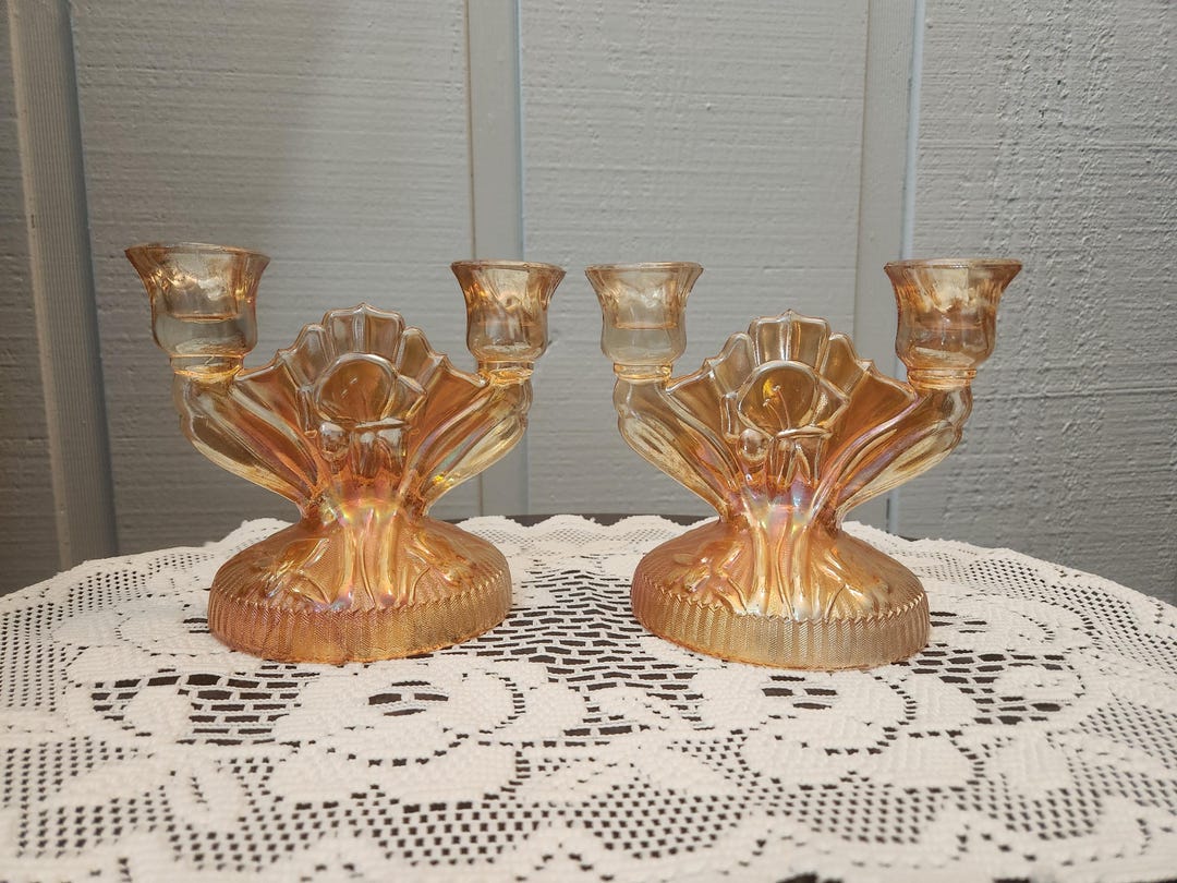 Vintage Carnival Glass 2-arm Candle Holders, Jeanette Iris Floral ...