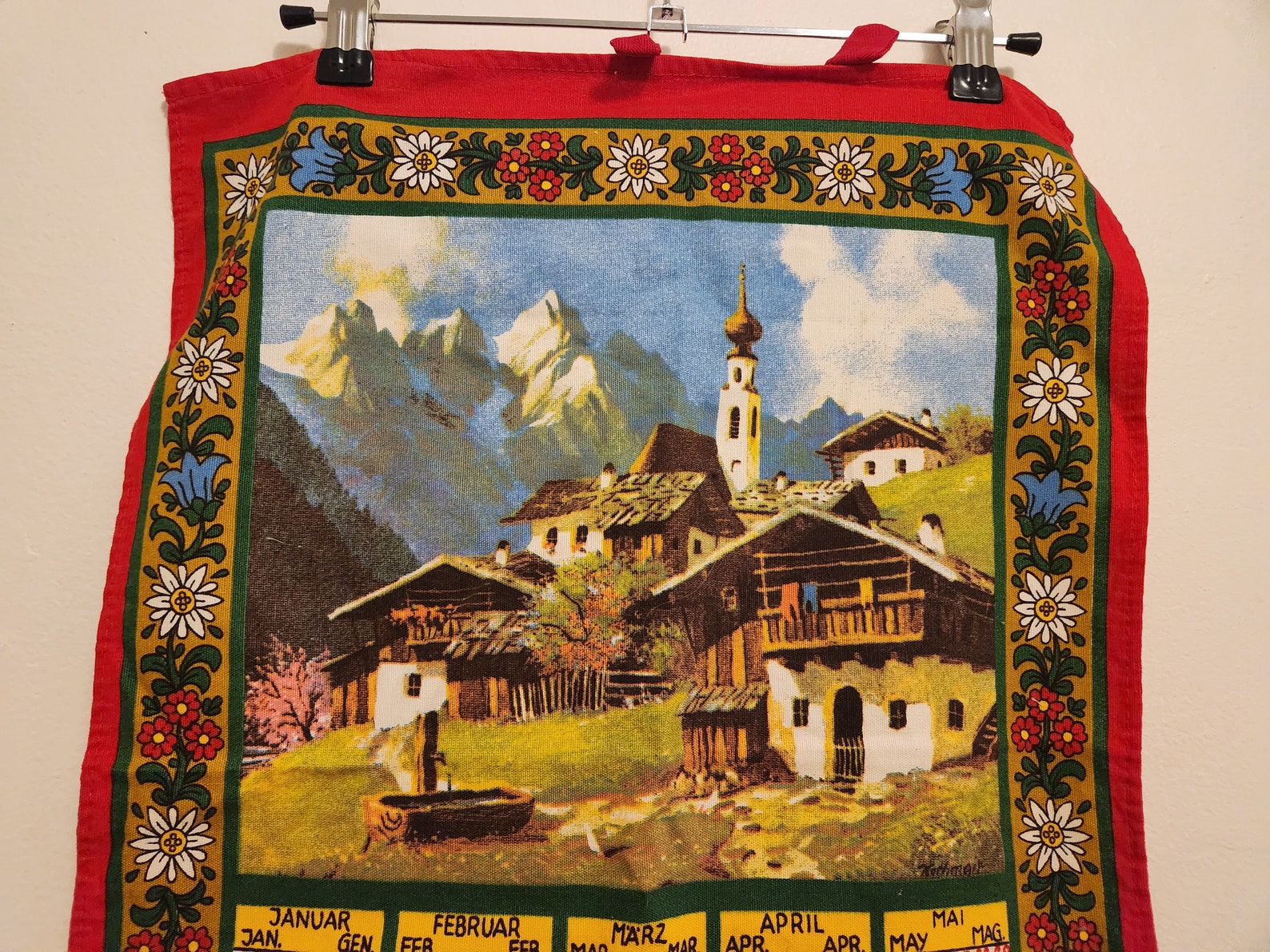 German Kolf 1977 Calendar Cotton Wall Hang, House and Mountains, Red ...