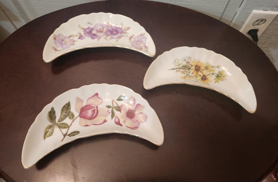 Antique Bone China Plates, Crescent Half Moon, Hand Painted Flowers ...